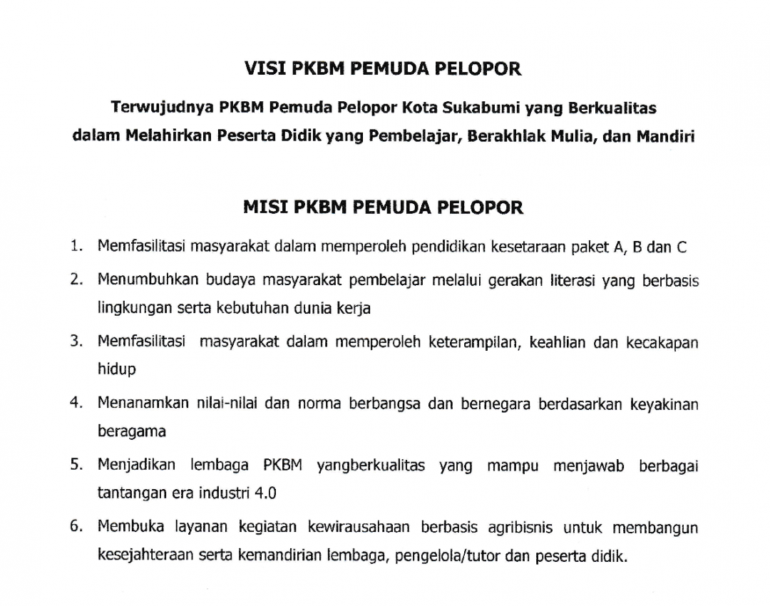 Visi dan Misi | PKBM Pemuda Pelopor